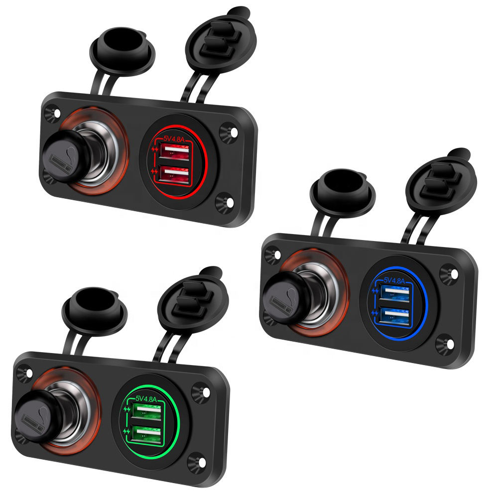 Amomd 12V / 24V DC Led Power Outlet Socket USB 2 Jack Socket with ...